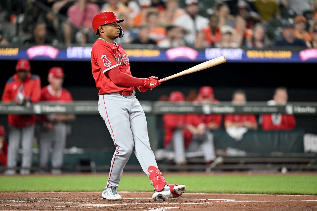 Angels' Christian Moore legs out triple in first career hit against ...