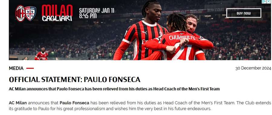 Update! Paulo Fonseca a fost oficial demis de AC Milan! Clubul a făcut ... Update! Paulo Fonseca a fost oficial demis de AC Milan! Clubul a făcut ...